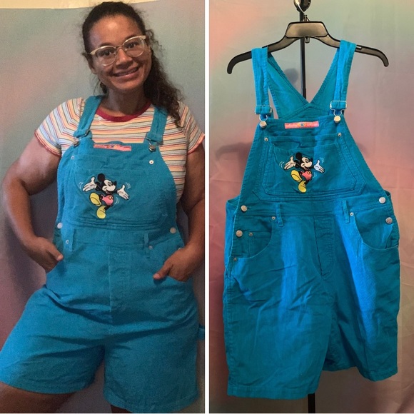 Disney | Jeans | Vintage Mickey Mouse Overall Shorts Blue Corduroy ...